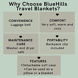 BlueHills Premium Soft Long Travel Blanket Pillow for Tall Airplane Flight Blanket 70 X48 inch Throw in Soft Bag case with Hand Luggage Belt & Backpack Clip Compact Pack Large Pink T055