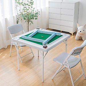 Allpop 35.4’’ Folding Mahjong Table, Square 4 Player Card Game Table with Longer Chip Trays, Cup Holders & Green Professional Tabletop for Domino, Poker, Jigsaw Puzzles