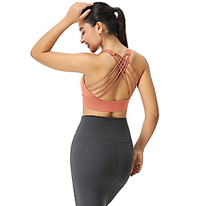 icyzone Sports Bras for Women - Activewear Strappy Padded Workout Yoga Tops Bra (Copper Brown, L)