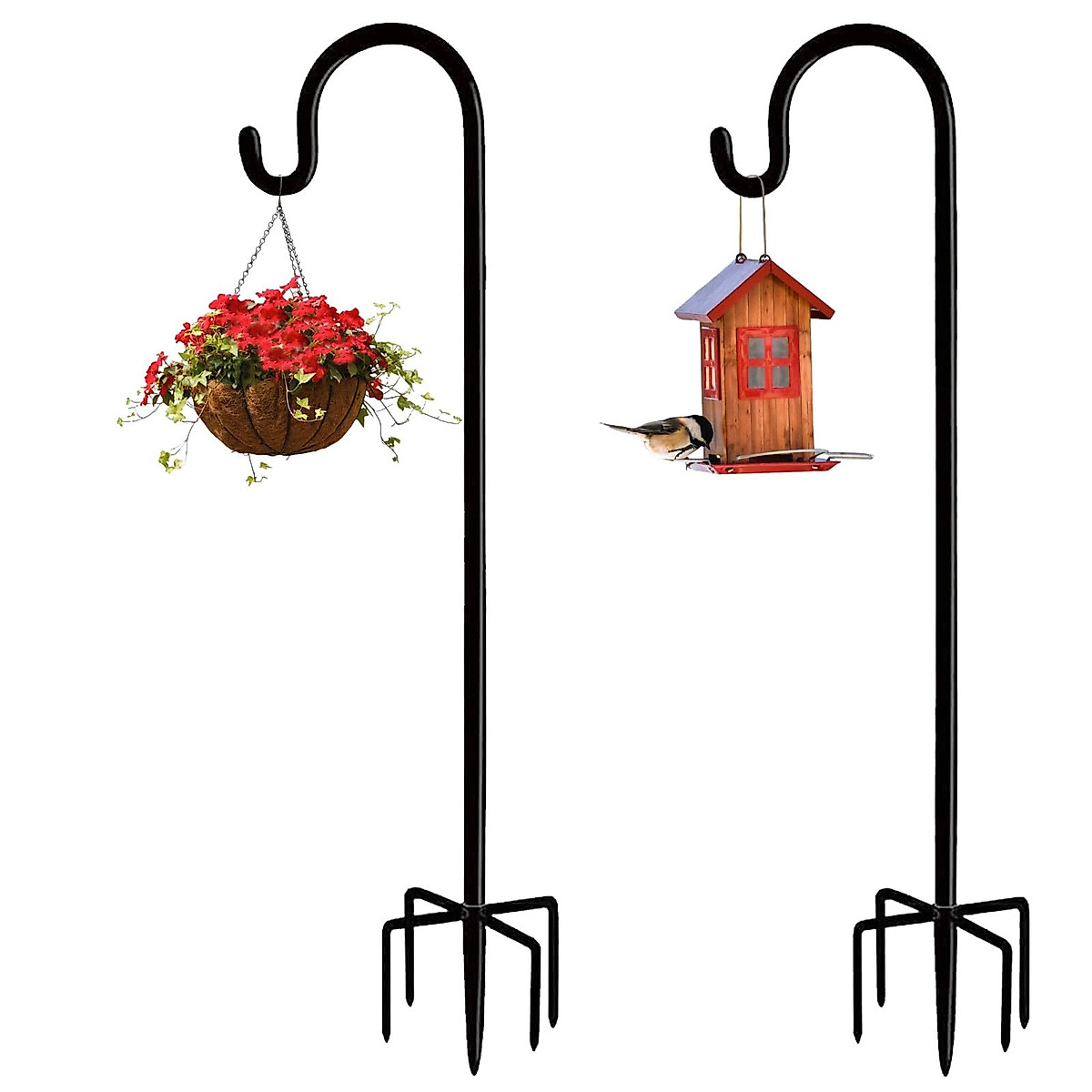 Garden Shepherd Hook Outdoor with 5 Prong Base, Bird Feeder Pole Hanger Holder Stand, Adjustable Heavy Duty Solar Light Plant Lantern Hanger Holder, Wedding Decor Black