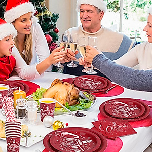 Merry Christmas Tableware Set for 25 Guests, Red Paper Plates Set with Plates Napkins Cups Straws Cutlery for Christmas Party Supplies, 200 pcs Disposable Party Dessert Dinnerwares