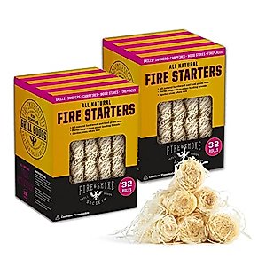 PK Grills Fire & Smoke Society Natural Starters for Grill Wood Burn Stove Fireplace Camping BBQ Outdoor Camp Pit Charcoal Chimney Pizza Oven Firestarters 2-Pack, 64 Count, PKUA-FSFS2 Multicolor
