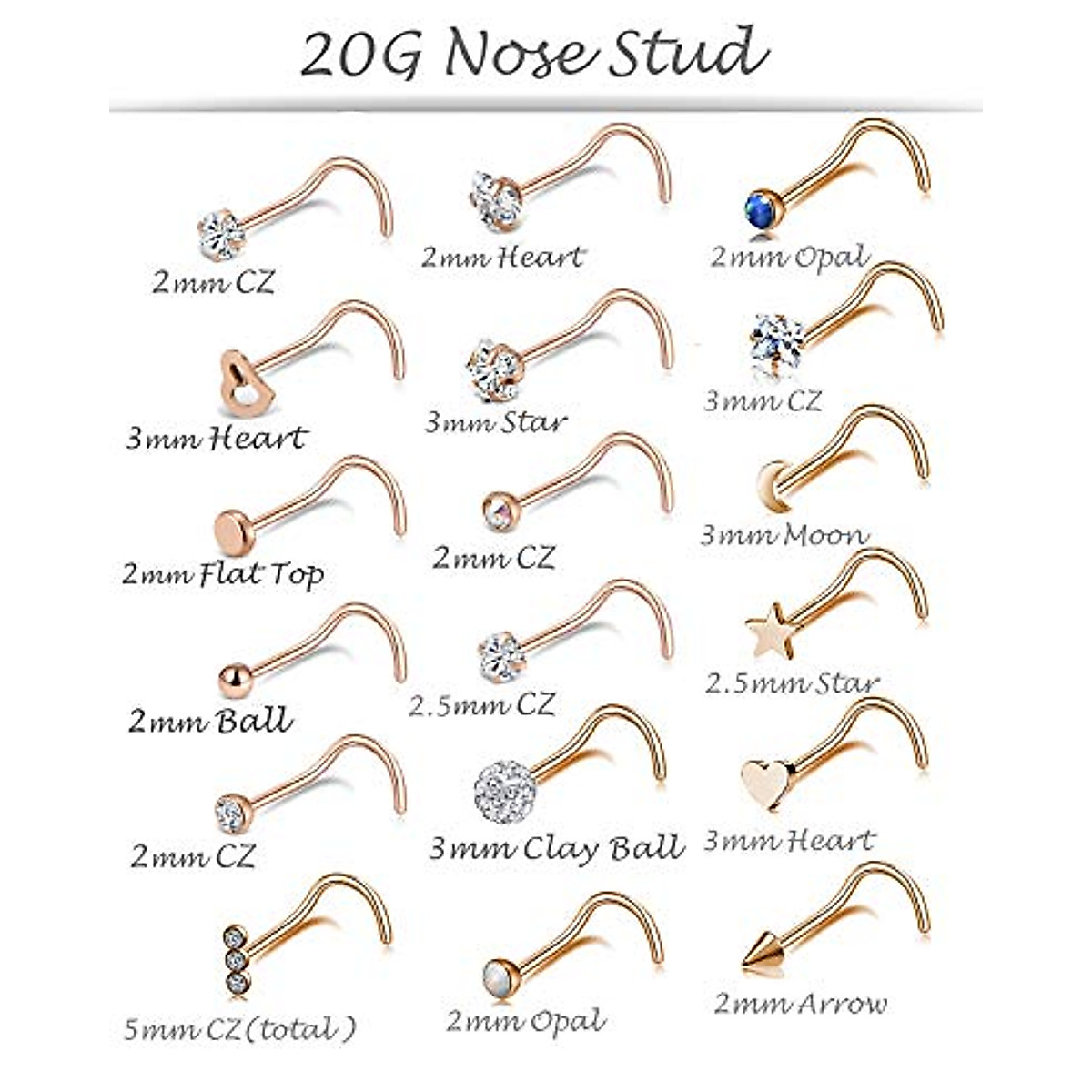 Tornito 20G 38Pcs Stainless Steel Nose Screw Studs Rings CZ Hoop Tragus Cartilage Nose Ring Labret Nose Piercing Jewelry for Men Women (A02:38Pcs, Rose Gold Tone)