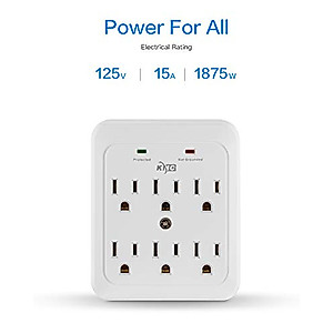 KMC Wall Surge Protector, 980 Joule, 6-Outle Wall Plug Adapter Power Strip, White