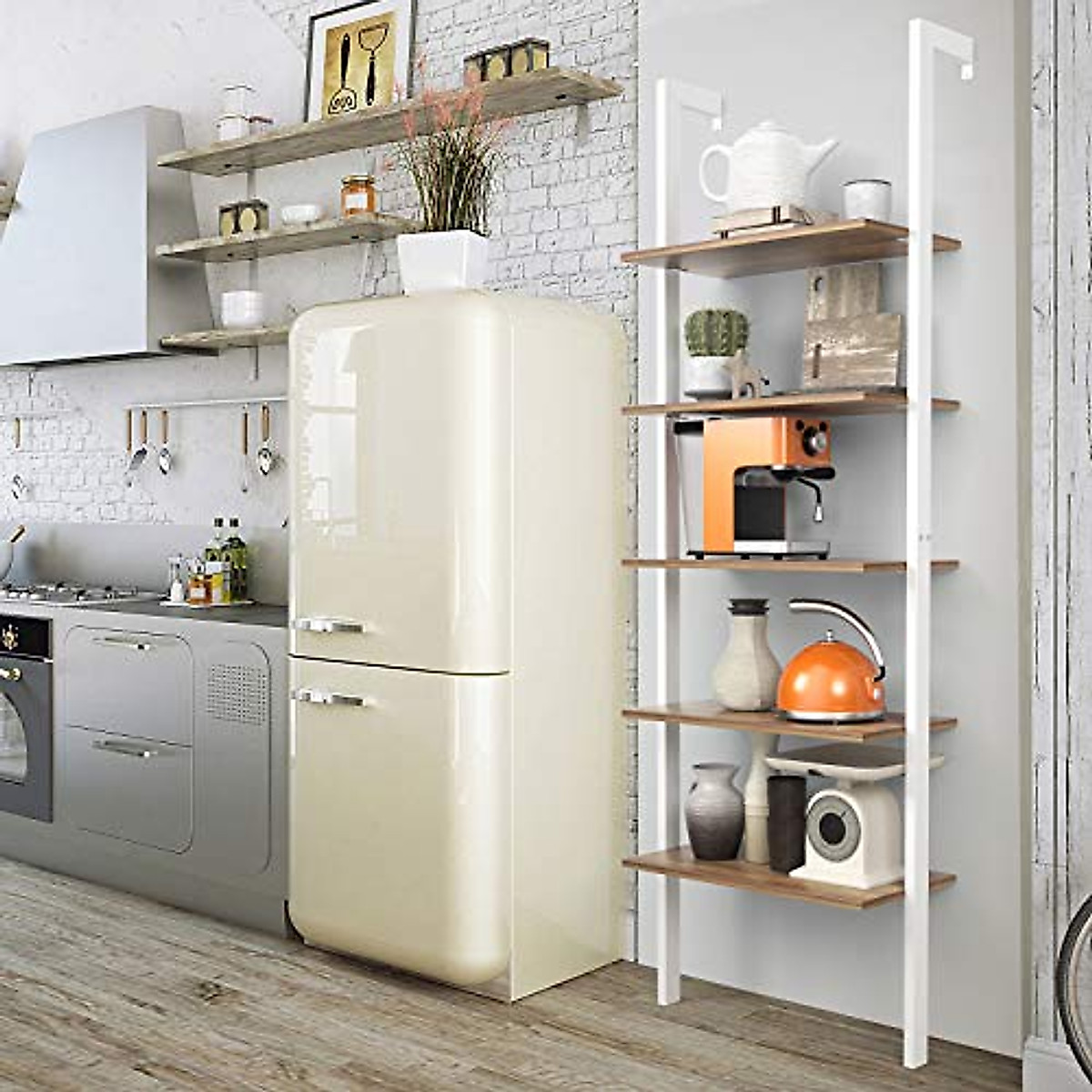 Tangkula Industrial Ladder Shelf Against The Wall, 5-Tier Wall Mount Ladder Bookshelf with Metal Frame, 72 Inches Open Bookcase Plant Flower Stand Display Storage Rack for Home Office