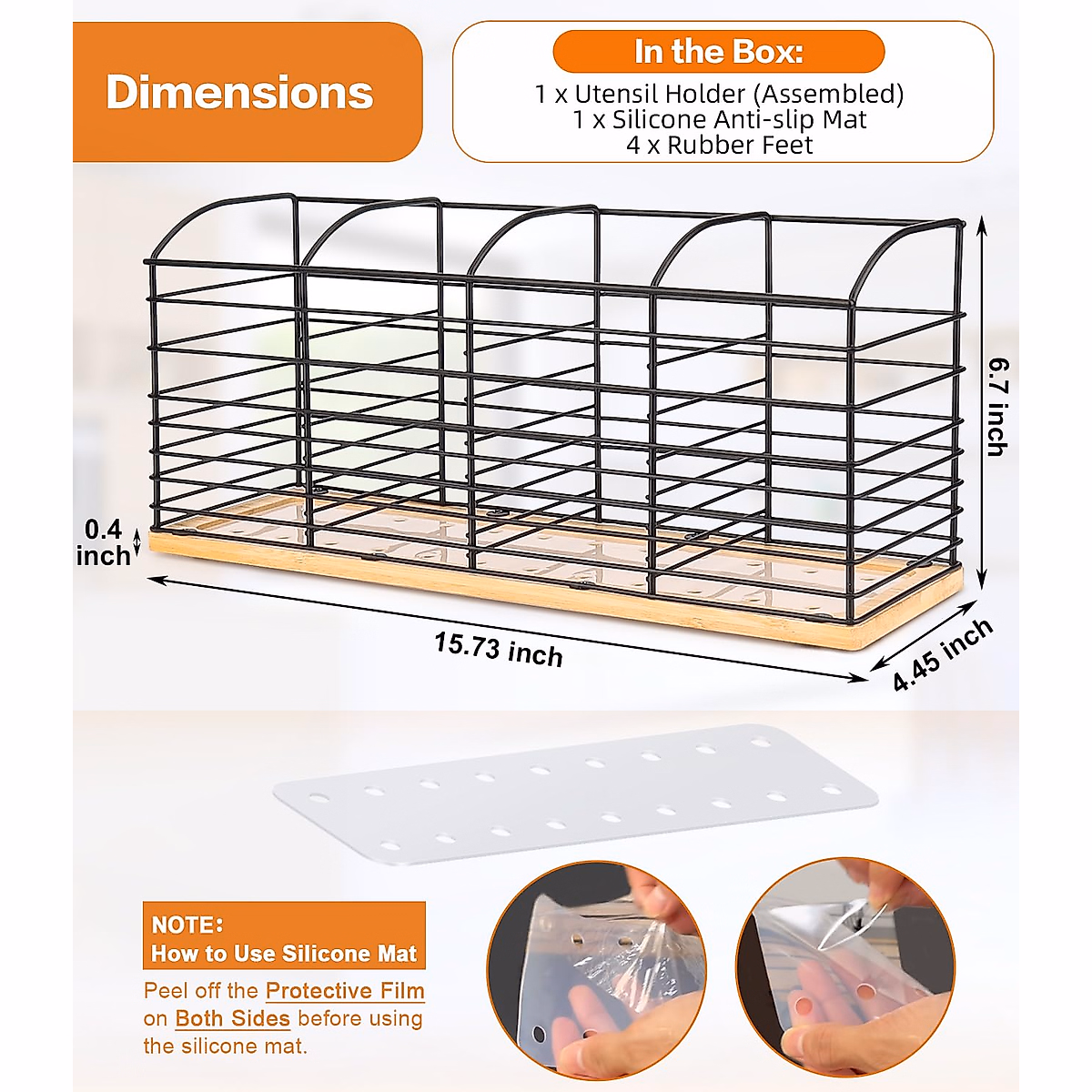 PrimZooty Extra Large Utensil Holder for Kitchen Counter - 15.7"x 6.7"x 4.4", Aesthetic Design, Anti-Slip Mat, 4 Compartments, Black Cooking Utensil Organizer for Countertop, Spatula Utensil Caddy