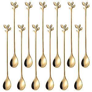 AnSaw Leaf Handle Long Teaspoons, 7.4" Gold Coffee & Tea Stirring Spoons, Stainless Steel Coffee Stir Spoon Set of 12