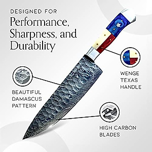 Breliser- 3-Piece Knives Set for Kitchen, Damascus Chef Knife Set With Professional Chef Knife, Santoku Knife, & Paring Knife, Full Diamond-Hammered Kitchen Knifes With Texas Handles, Gifts for Chefs