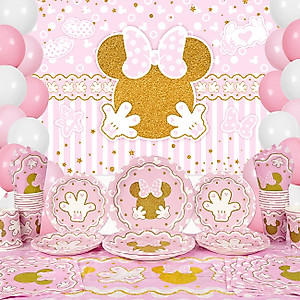 Haimimall Minnie Party Supplies Tableware Set Baby Shower Girl Minnie Theme Mouse Birthday Party Include Backdrop,Tablecloth,Plates,Napkins,Cups,Balloons Baby Shower Decorations Dinnerware Serve 20