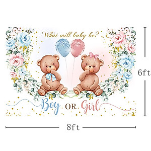 MEHOFOND 8x6ft Bear Gender Reveal Baby Shower Party Backdrop Boy or Girl Blush Pink Blue Floral Photography Background Party Decor Blue and Pink Balloons Gold Confetti Photobooth