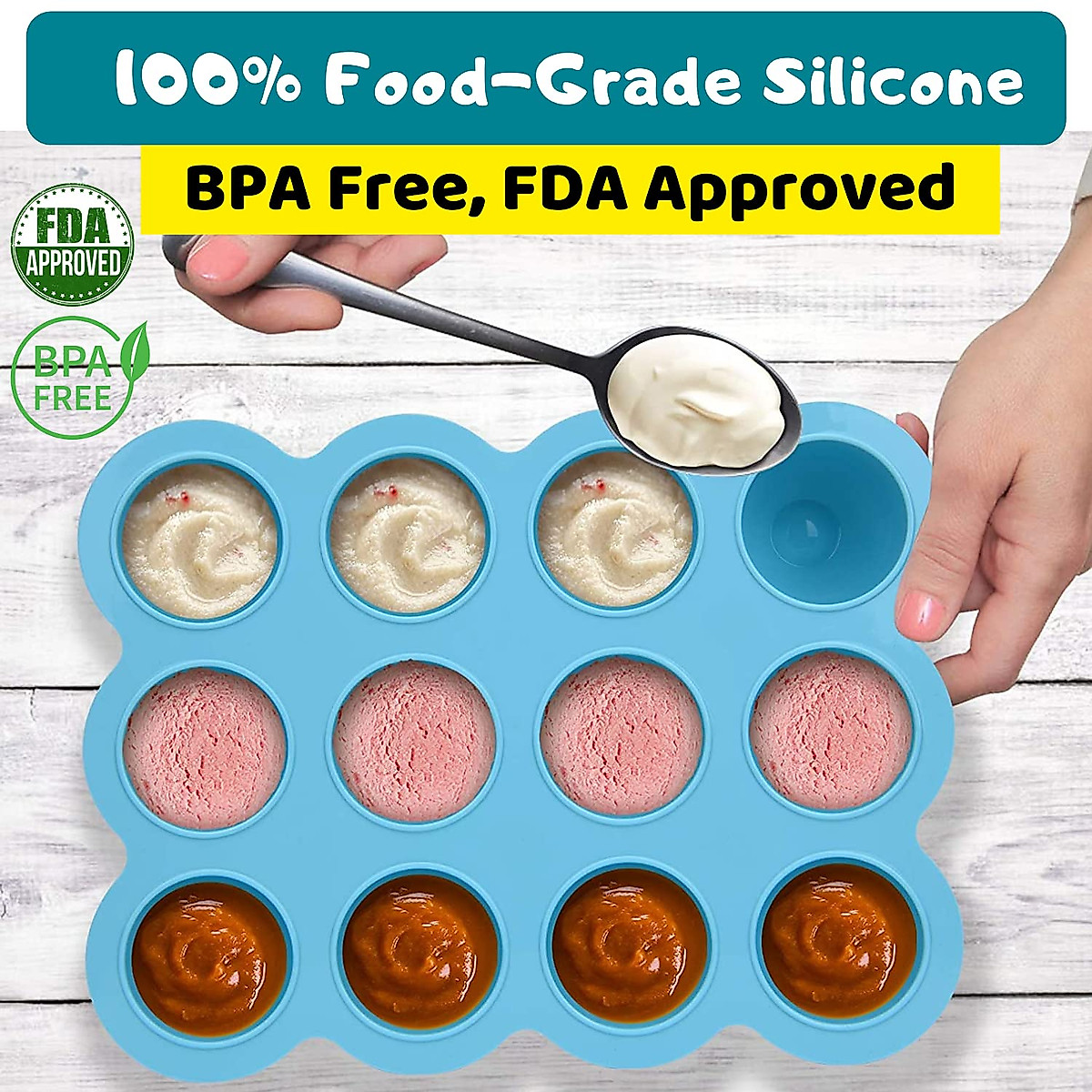 Silicone Baby Food Storage Container and Freezer Tray with Clip-On Lid, 100% Food-Grade, BPA Free (12 Cavities)
