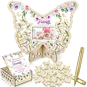 Wenqik 63 Pcs Baby Shower Guest Book Alternatives Set Baby Shower Guestbook with Photo Frame Baby Sonogram Frame Keepsake 60 Wood Slices Guest Book for Birthday(Butterfly)