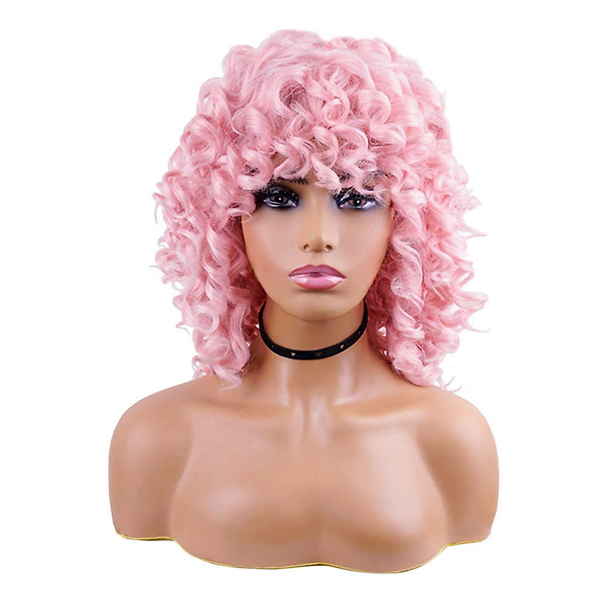 AIDUSA Short Loose Curly Wigs Big Curly Wig With Bangs Afro Wig for Black Women Fluffy Curly Pink Synthetic Wigs Black Women Wig Half Wigs for White Women Wavy Natural Wigs (Pink)