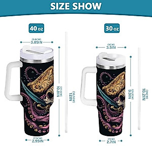 Jihqo Octopus Skull Pirate 40 oz Stainless Steel Vacuum Insulated Tumbler with Handle and Straw Lid, Leakproof Water Bottle Double Wall Travel Mug Coffee Cup, Cupholder Friendly