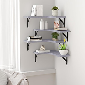 ROMGUAR CRAFT Corner Floating Shelves Wall Mounted Set of 4, Rustic Wood Storage Display Wall Shelves for Home Decor, Bathroom, Kitchen, Bedroom, Living Room, Office (Grey)