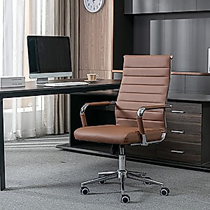 Okeysen Office Desk Chair, Ergonomic Leather Modern Conference Room Chairs, Executive Ribbed Height Adjustable Swivel Rolling Chair for Home Office. (Brown)