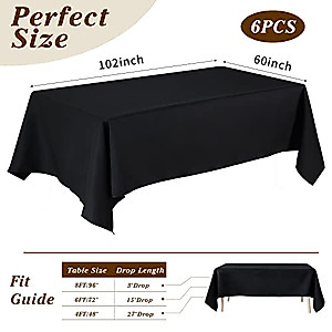 Black Tablecloth 6pcs 60x102, Table Cloth for 6 Feet Rectangle Tables, Waterproof and Wrinkle Resistant Washable Decorative Fabric Table Cover for Dining Table, Party and Outdoor Use