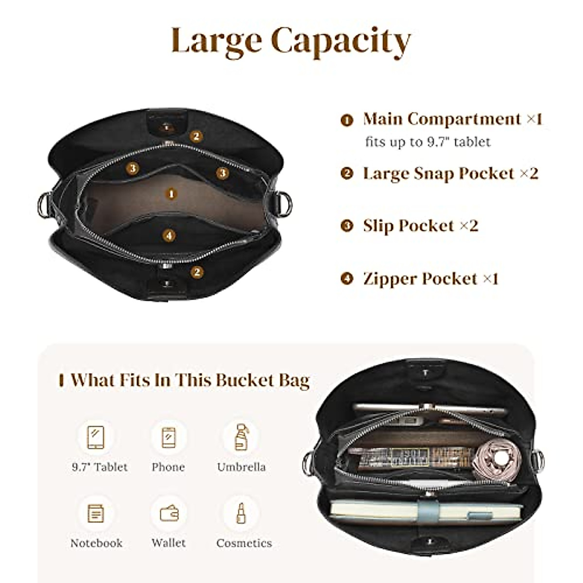 S-ZONE Women Genuine Leather Bucket Bag Shoulder Handbags Crossbody Purse Zipper with 2 Straps Medium Tote Hobo