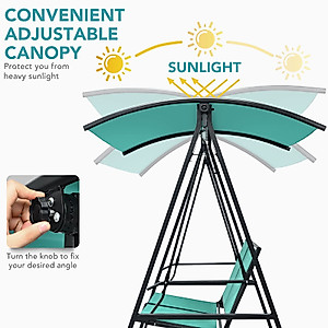 Tangkula 2-Person Patio Swing, Weather Resistant Porch Swing with Adjustable Canopy, Steel Frame, Outdoor Modern Canopy Swing with Handrails, Suitable for Porch Garden Poolside (Green)