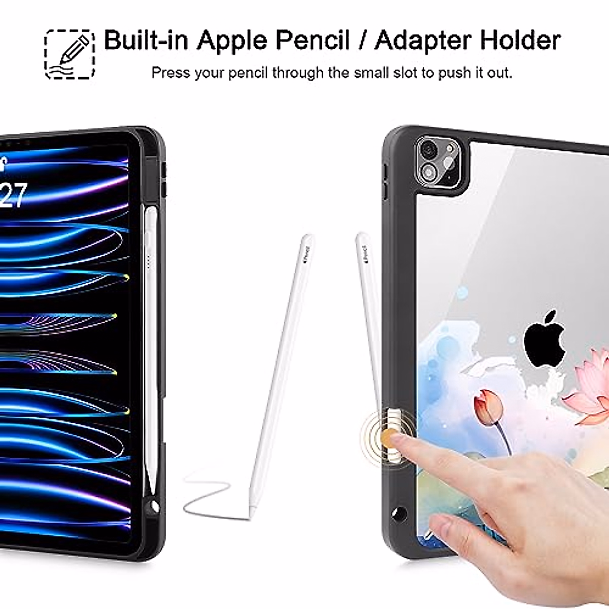 SUROCASE for iPad Pro 11 Inch M2 Case, Clear Back & TPU Cover with Trifold Stand+Pencil Holder for iPad Pro 11 Inch 4th Generation 2022 / 3rd Gen 2021/ 2nd Gen 2020 / 1st Gen 2018, Spring Lotus