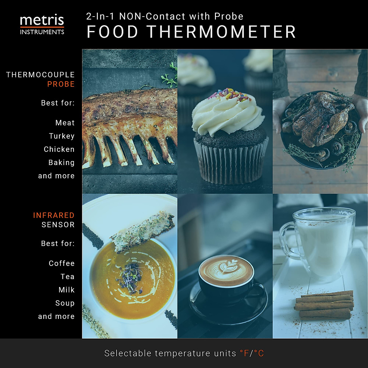 Metris Instruments Food Cooking Meat Thermometer Digital Infrared Instant Read with Probe for Kitchen, Outside Grill, BBQ Smoker, Model TCT303F-NSF NSF Approved