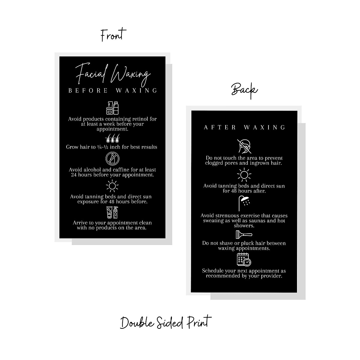 Facial Waxing Before & After Instruction Card | 50 Pack | 2x3.5” in Business Card | Waxing Supplies | Facial Waxing Instructions Cards for Estheticians Using Hard or Soft Wax | Black and White Design