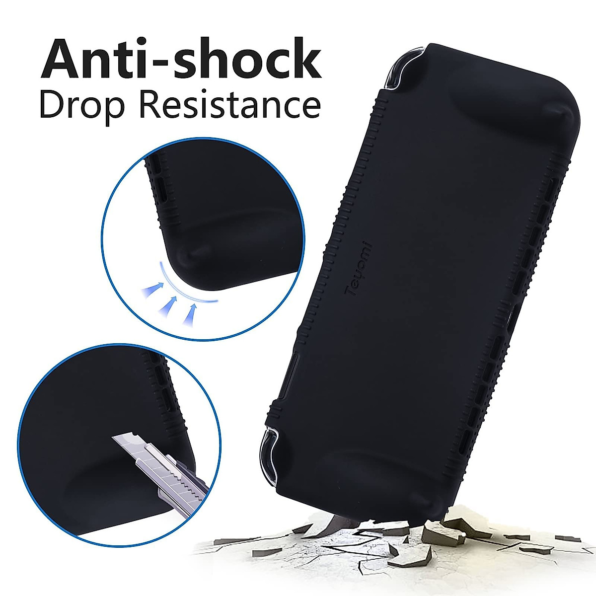 Teyomi Silicone Case for Nintendo Switch OLED with 2 Game Cards Slots, [Kids Friendly] Shockproof Protective Cover with Tempered Glass Screen Protector, Ergonomic Grip Case for Switch OLED, Black