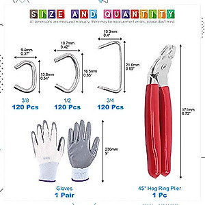 Glarks 362Pcs Hog Ring Pliers with Hog Rings Kit, 360Pcs 1/2'' 3/4'' 3/8'' Steel Hog Rings with Angled Hog Ring Pliers and Anti-Cutting Gloves for Upholstery, Fencing, DIY Craft, Furniture and more