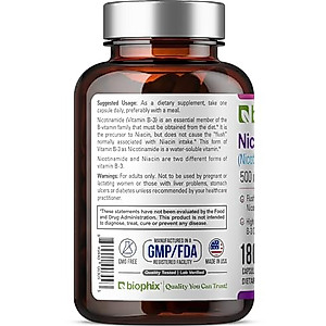 biophix B-3 Nicotinamide 500 mg 180 Caps - Nicotinic Amide Niacin Natural Flush-Free Vitamin Formula - Supports Skin Cell Health