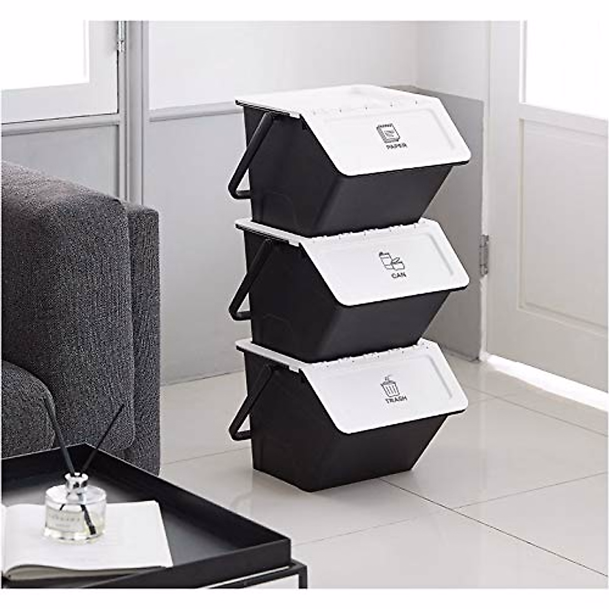 Nature Living Modern Daily Stackable Organizer Stores Recycling Bin Container with Lid, Handle, Recycle Sticker Trash Bin Label, Tools and Toys, Handy Recycler, 3 Pack of Bins, Black and White