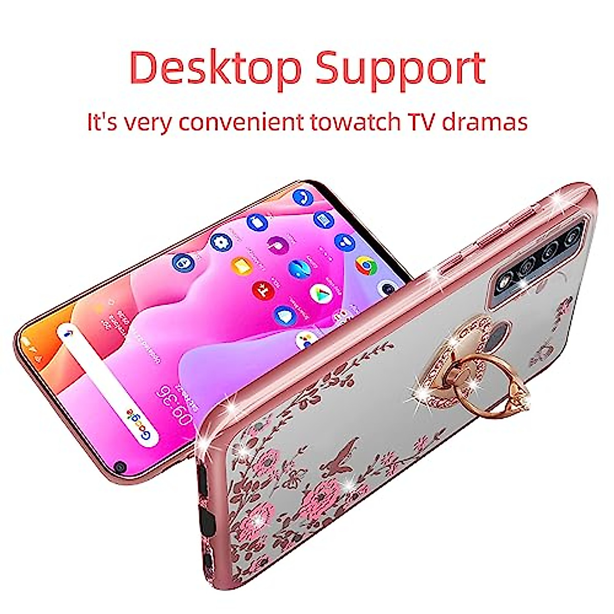 KuDiNi for TCL 4X 5G (T601DL) Case, Alcatel TCL 20A 5G (T768S) Case for Women Glitter Crystal Soft Bling Butterfly Heart Floral Clear Protective Cover with Kickstand+Strap for TCL 4X 5G (Rose Gold)