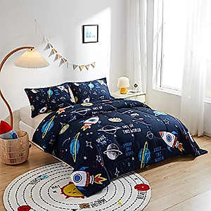 beeweed 2 Piece Kid Comforter Set Twin Size, Space Rocket Bedding Set for Teen Boys Girls