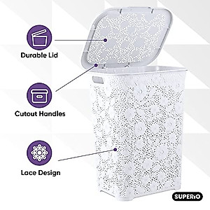 Superio Laundry Hamper with Lid White, 50 Liter Large Lace Hamper Basket, Dirty Cloths Storage with Cutout Handles, for Landry Room, Bedroom, and Bathroom