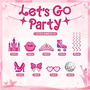 Pink Princess Birthday Hanging Decorations, with 1pcs No Diy Lets Go Party Banner And 8pcs Pink Princess Hanging Swirls, Pink Disco Party Decorations, Pink Bachelorette Party Decorations