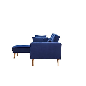 Eafurn L-Shaped Convertible Sectional Chaise Lounge and Adjustable Spilt Backrest,3 Seater Soft Velvet Sleeper Bed with Wooden Legs,Tufted Corner Sofa & Couch with Throw Pillows, Blue Left Hand Facing