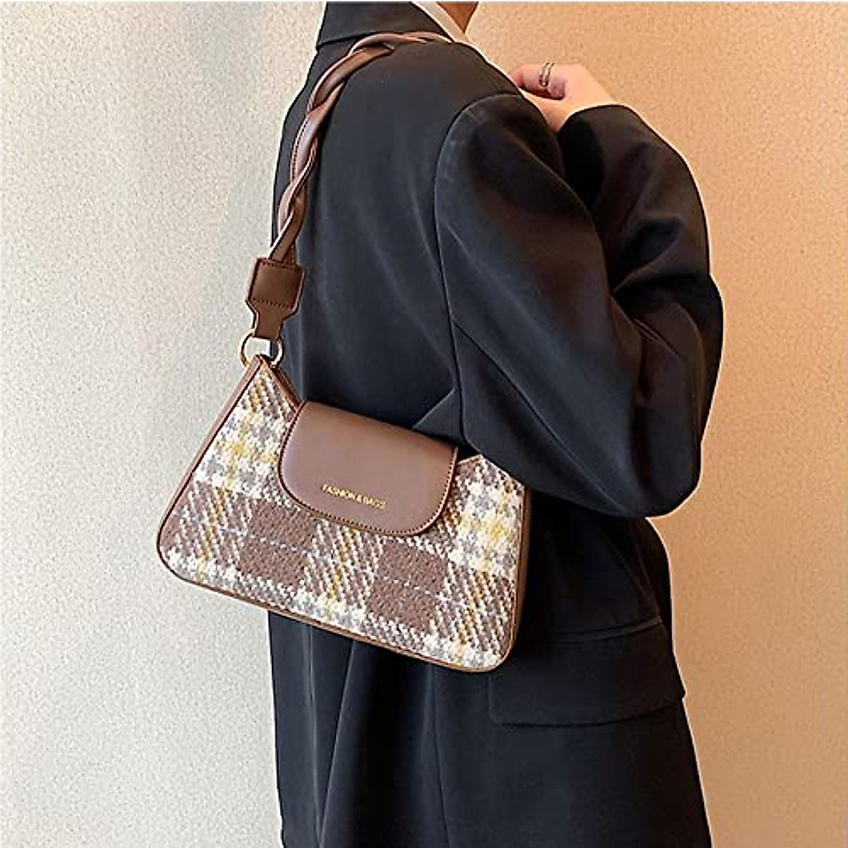 RTGGSEL Trendy Women‘s Lattice Plaid Striped Woolen Saddle Crossbody Shoulder Handbags Underarm Satchel Tote Clutch Purse Hobo Bag (Coffee)