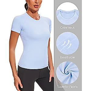 Stelle Women Workout Shirts Seamless Short Sleeve Yoga Tops for Sports Running Breathable Athletic Slim Fit (Short Sleeve-Blue,S)