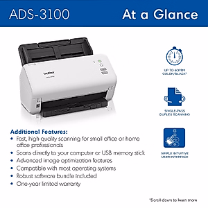 Brother ADS-3100 High-Speed Desktop Scanner | Compact with Scan Speeds of Up to 40ppm