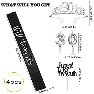 4 Pcs 30th Birthday Decorations for Women 30th Birthday Crown Tiara Rip to My 20s Birthday Sash Funeral for My Youth Cake Topper 30th Birthday Candles 30th Birthday Gifts for Her