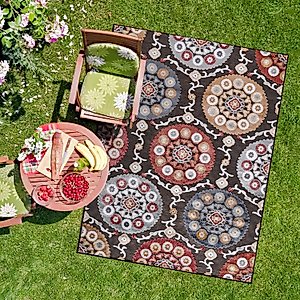 CAMILSON Indoor/Outdoor Rug 9x12 Bohemian Medallion Floral Area Rugs for Indoor and Outdoor Patios Easy-Cleaning Non-Shedding Living Room Garden and Kitchen Washable Outside Carpet (9 x 12 / Brown)
