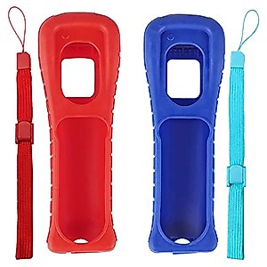 Jadebones 2X Silicone Skin Case Cover with Wrist Strap for Wii Remote Controller (Red+Blue)