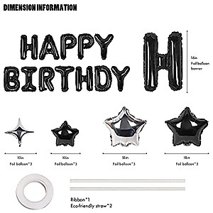 CANREVEL Happy Birthday Banner 13pcs 16 Inch Mylar Foil Letters with 12pcs Star Balloons Birthday Party Decorations for Kids and Adults - 3D Black
