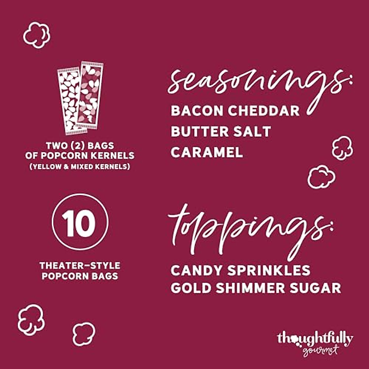 Thoughtfully Gourmet, Movie Night Popcorn Set, Includes Yellow and Mixed Popcorn Kernels, 10 Paper Popcorn Bags, 5 Popcorn Seasonings & Toppings