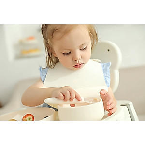 YOOFOREA 6 Piece Silicone Baby Feeding Set I Roll Up Bibs, Bowls, Spoons, for Babies Toddlers Boys Girls I 100% Food Grade Silicone I BPA BPS PVC Free, Dishwasher Safe, Easy to Clean (Tea & Cream)