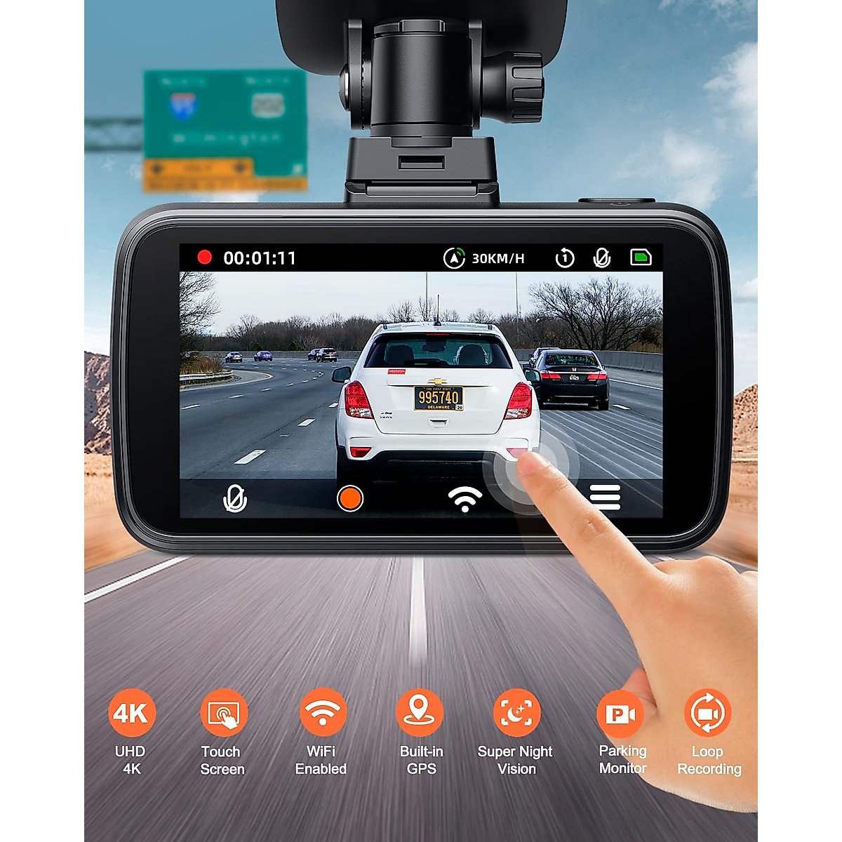 YEECORE D11 Dash Cam Built-in WiFi GPS,4K Touch Screen Camera Recorder with Night Vision, Parking Monitor,G-Sensor，Night Vision Car Camera