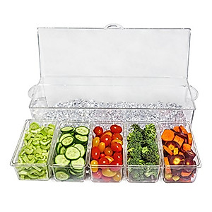 Ice Chilled 5 Compartment Condiment Server Caddy - Serving Tray Container with 5 Removable Dishes with Over 2 Cup Capacity Each and Hinged Lid | 3 Serving Spoons + 3 Tongs Included