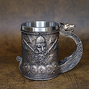 Ottalent Noric Viking Ship Draon Drakkar Beer Mug Stainless Steel Liner, Bronze Color Viking Warrior Coffee Cup Stein for Collectible Gift 17oz.