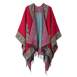 Urban CoCo Women's Printed Tassel Open front Poncho Cape Cardigan Wrap Shawl (Red)