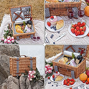 Picnic Basket for 2 Persons,Handmade Wicker Picnic Baskets Set with Insulated Cooler & Cutlery Kit, Gift Basket for Couples,Valentine Day, Thanks Giving, Birthday, Wedding, Outdoor Party
