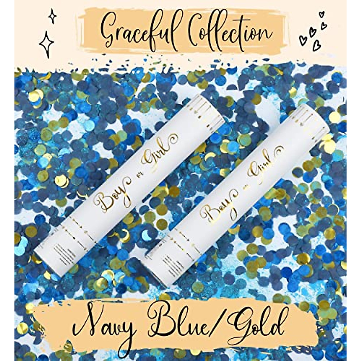 Gender Reveal Confetti Powder Cannon - 4 Blue/Gold Poppers - Gender Reveal Party Supplies - Smoke Powder & Confetti Sticks - Gender Reveal Stickers 40 pcs (20 Girl 20 Boy)